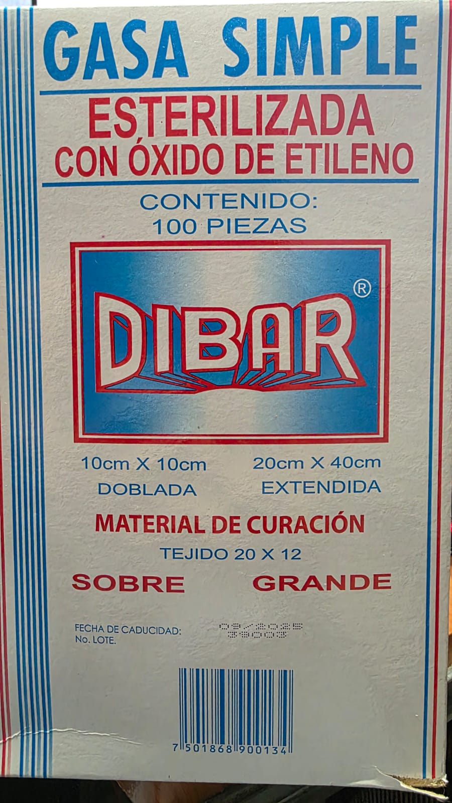 Gasa simple estéril Marca Dibar Sobre grande Caja con 100 pzas – GRUPO ...